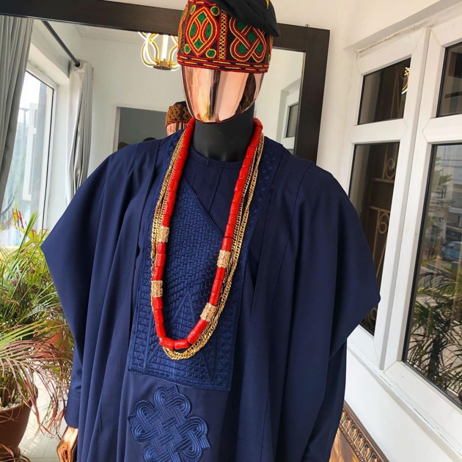 Navy Blue Mens Agbada & Hand Woven Egba Hat