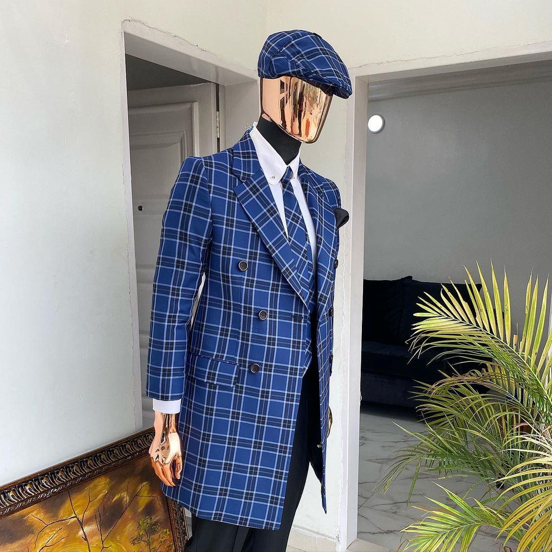 Shop Navy blue “Peaky Blinder” Check trench suit & pant -Deji & Kola