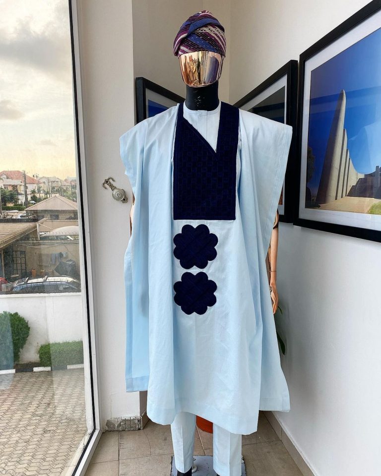 Shop Light Blue, Connected Embroidery African Agbada - Deji & Kola
